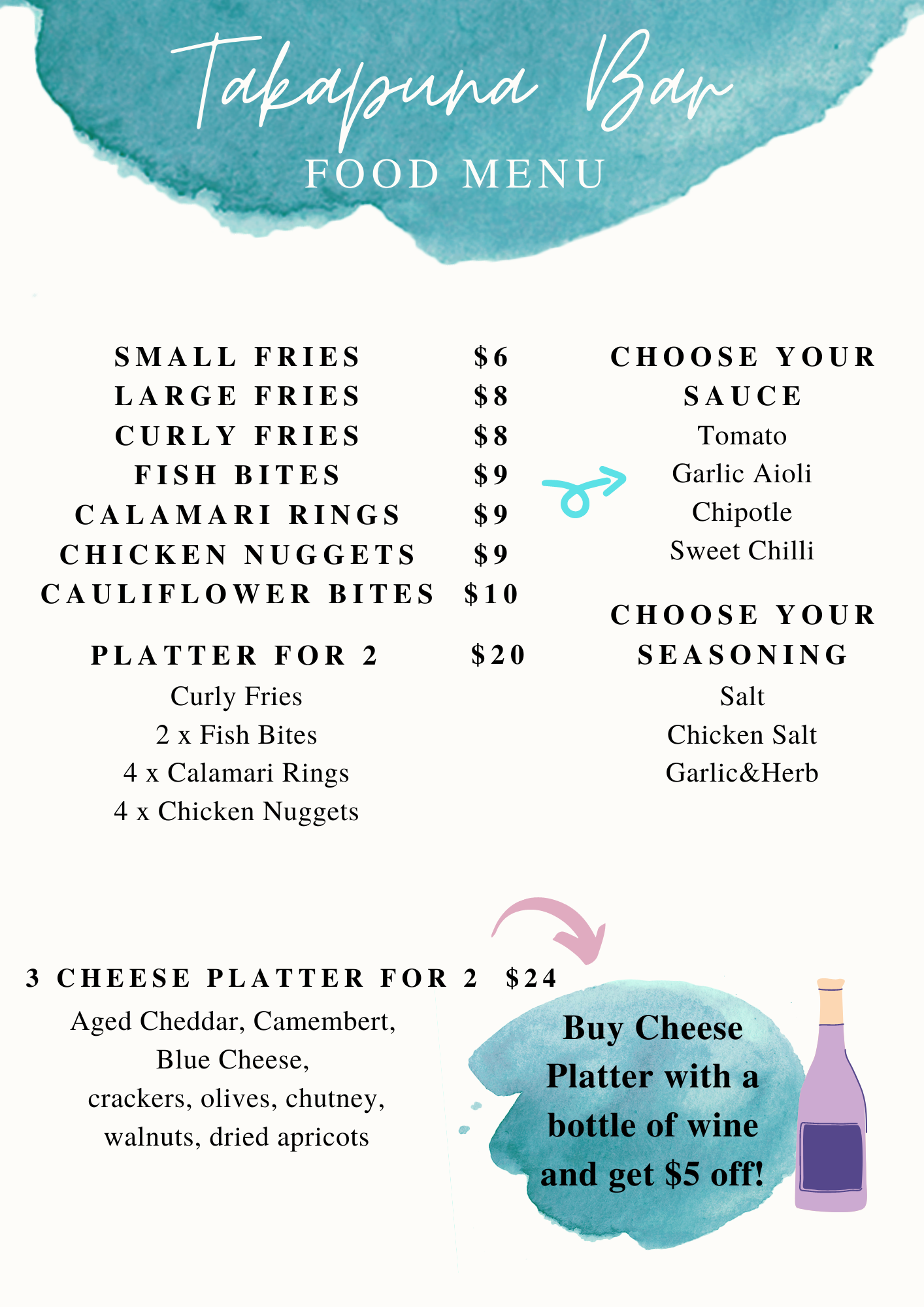 Menu at Takapuna Bar