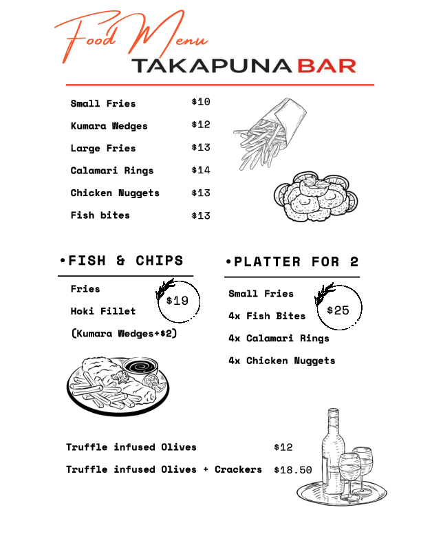 Menu at Takapuna Bar