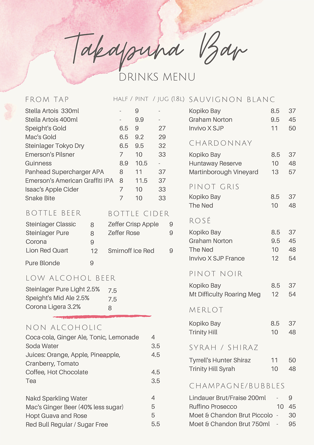 Menu at Takapuna Bar