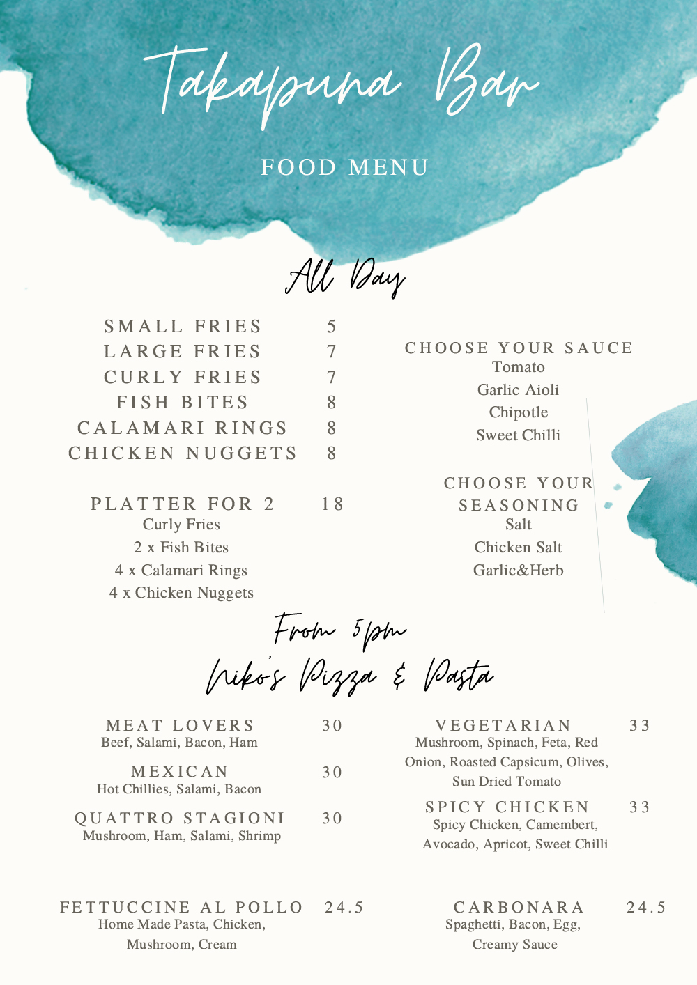 Menu at Takapuna Bar